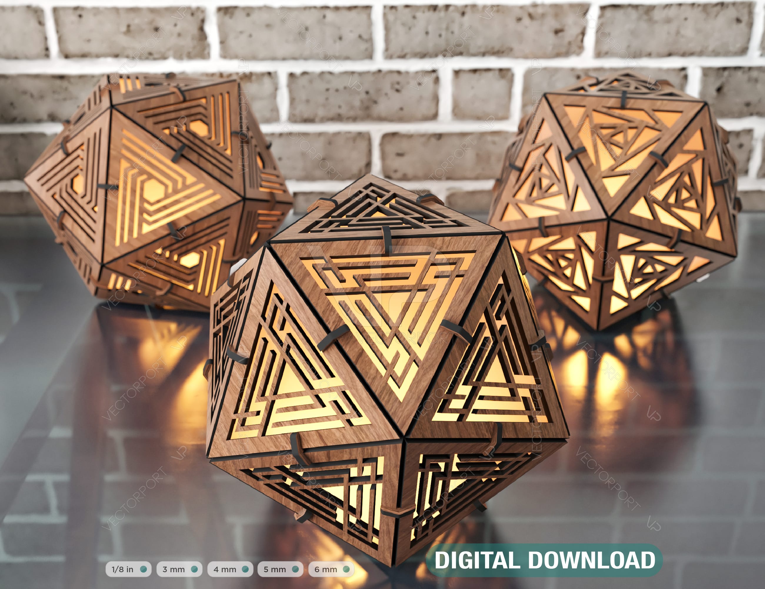 Icosahedron 3 Different Pattern wood triangle shadow lamp Tea Lantern ...